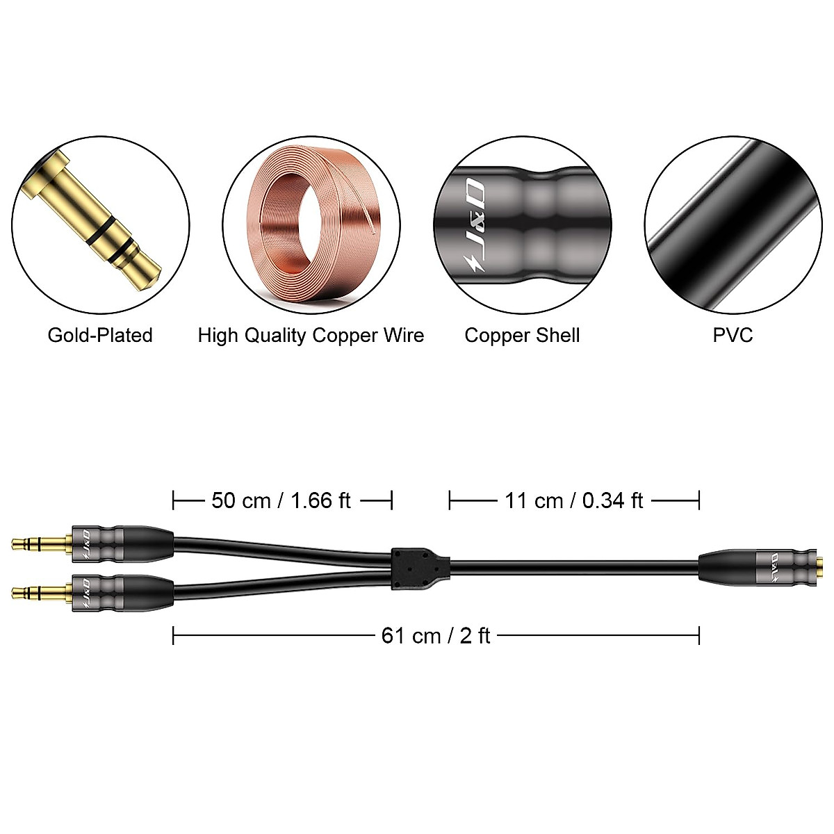 J&D 3.5 mm to 2X 3.5 mm Cable, Gold Plated Joint Copper Shell Heavy Duty 3.5mm 1/8 inch TRS Female to Dual 3.5 mm 1/8 inch TRS Male Y-Splitter Stereo Audio Adapter Cable for Headphone, 1.96 Feet