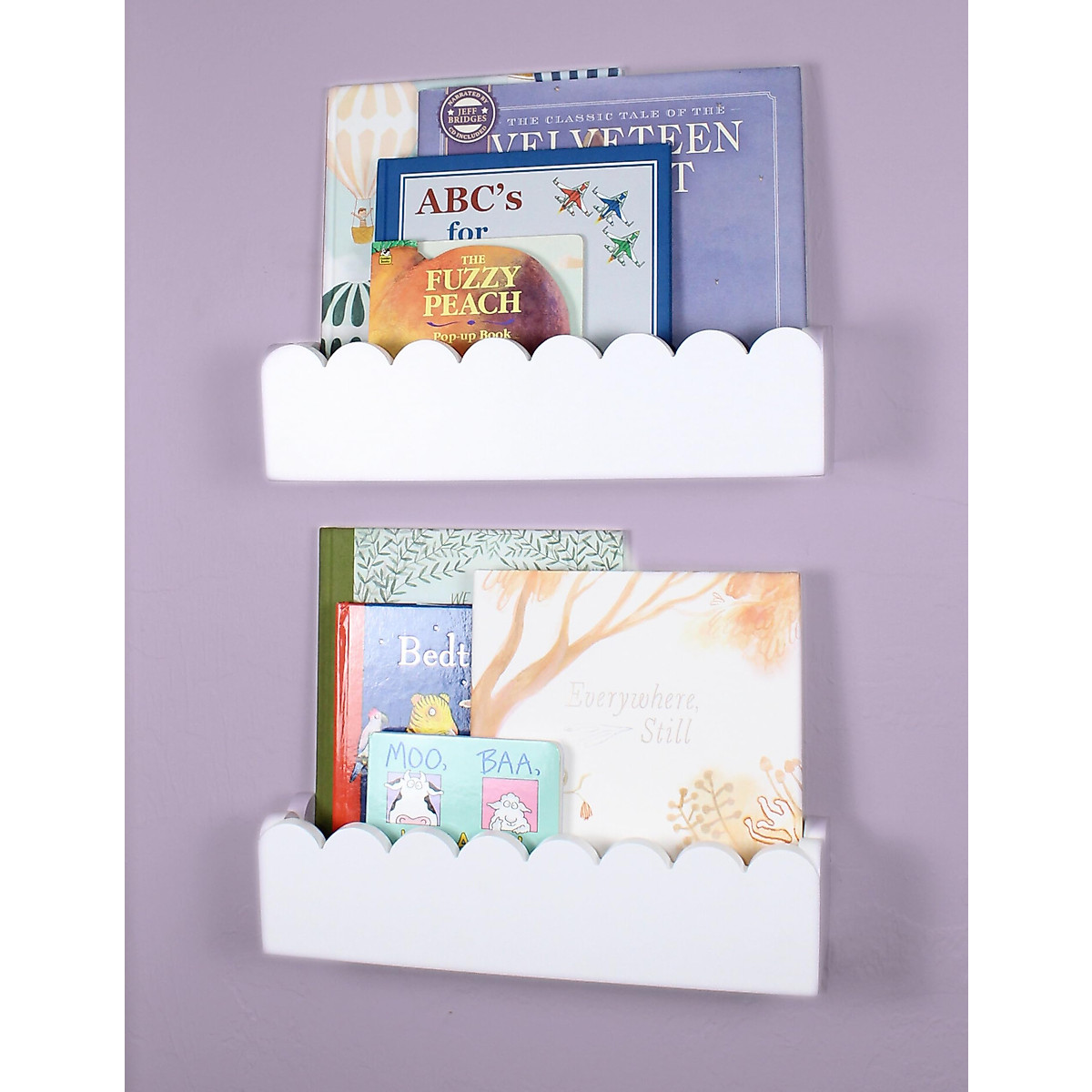 White Floating Shelves for Wall Kids - Scalloped Shelves Set of 2 - Wood Nursery Book Shelves - Preassembled Baby Bookshelf - Cloud Shelves for Nursery - Toddler Bookshelf for Nursery Bookshelf