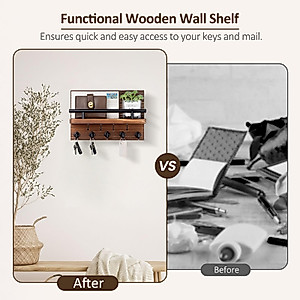 Nekon Key Holder for Wall with Shelf, Entryway Wall Organization with 9 Hooks, 9.8 Inch Wooden Key and Mail Holder with Mounting Screw Pack (Brown)
