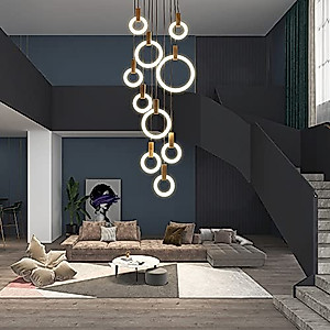 JAYMP 10 Rings Stair Chandelier High Ceiling Modern LED Acrylic Circle Wooden Nordic Art Pendant Lighting Long Chandeliers White Living Room Restaurant Hotel Hallway Entrance Staircase
