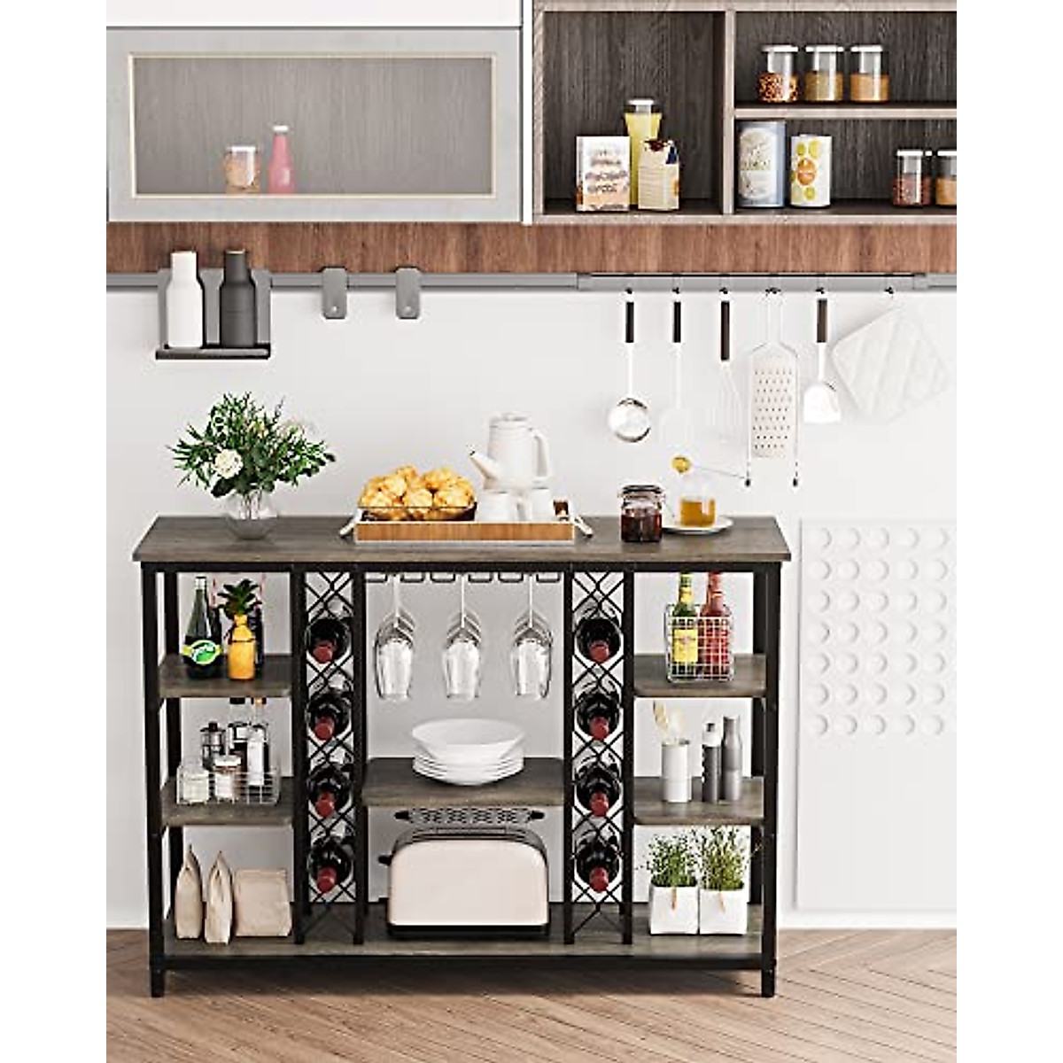 Teraves Modern Wine Rack Table, 47 Inch Wine Baker's Rack with Storage Shelves, 4 Tier Freestanding Wine Rack for Bar, Buffet, Home Kitchen Dining Room Living Room (Black Oak+Black Frame)