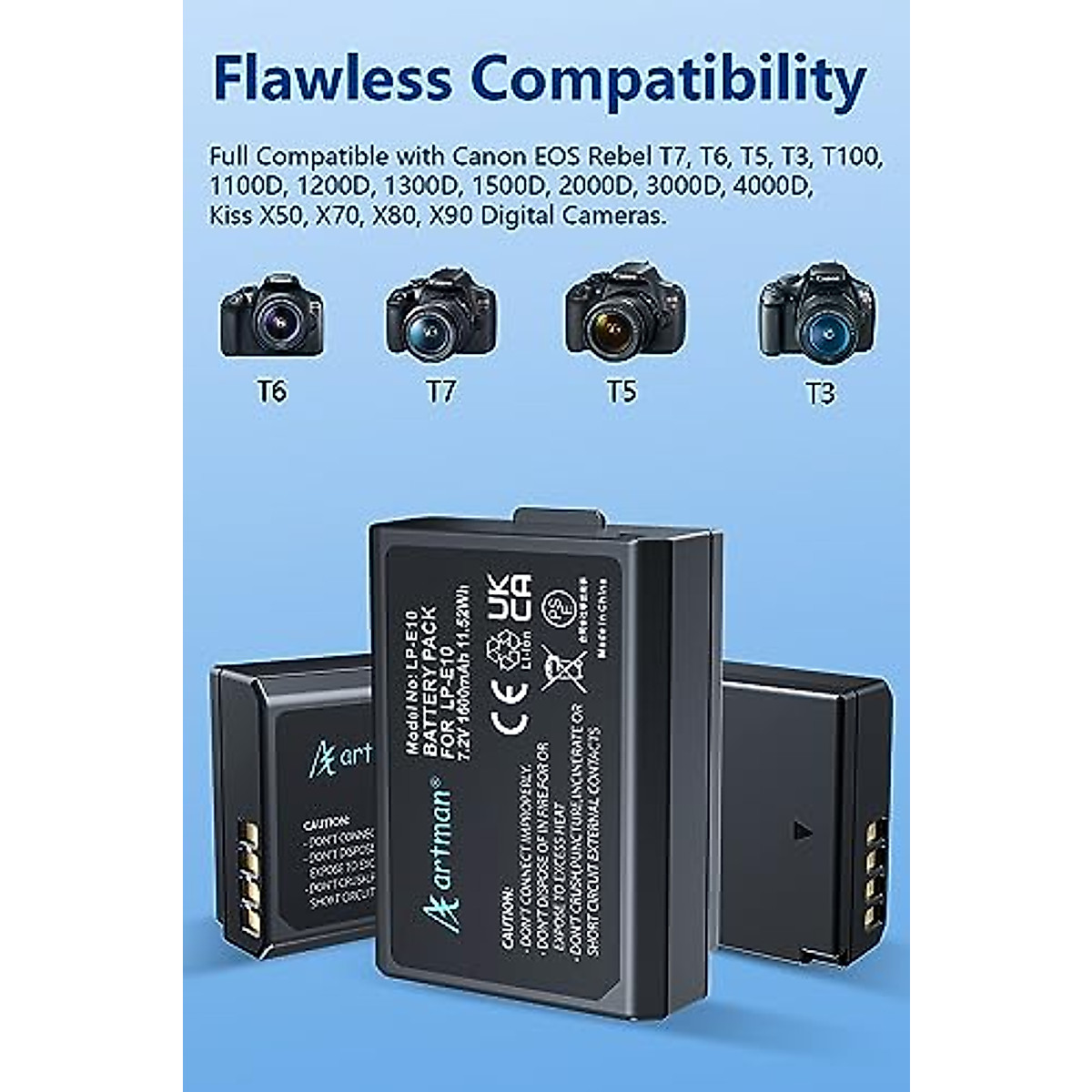 Artman 3-Pack LP-E10 Batteries 1600mAh and 3-Slot LCD Charger Pack for Canon EOS Rebel T7 T6 T5 T3 T100 Kiss X50 Kiss X70 EOS 1100D 1200D 1300D 2000D Digital Cameras