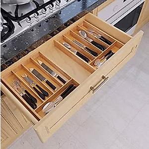 BAMEOS Utensil Drawer Organizer, Cutlery Tray Desk Drawer Organizer Silverware Holder Kitchen Knives Tray Drawer Organizer, 100% Pure Bamboo Cutlery in Natural Color (9.75)