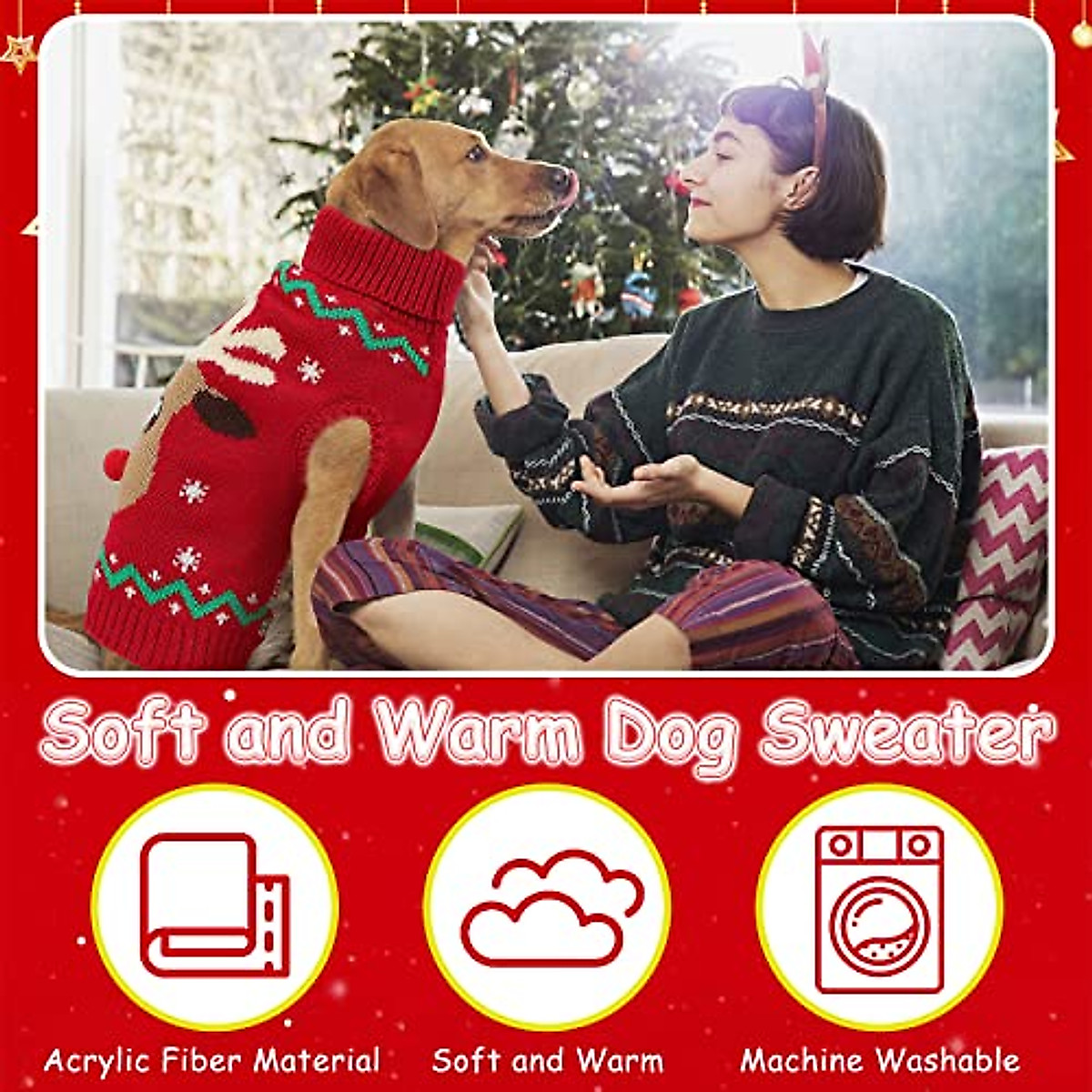 YUEPET Christmas Dog Sweaters Pullover, Reindeer Snowflake Christmas Dog Outfits with Leash Hole, Classic Turtleneck Dog Clothes for Puppies Medium Dogs(S)