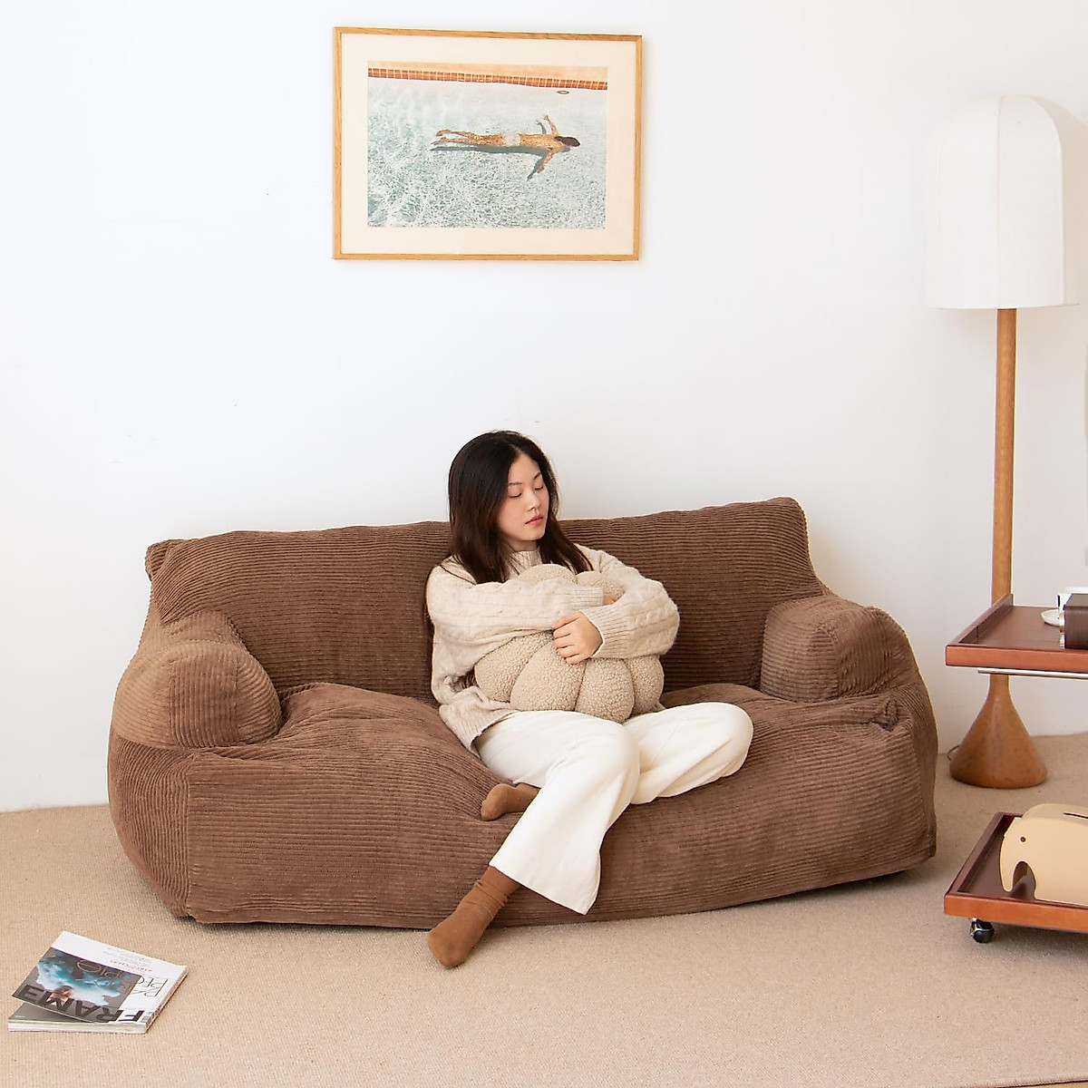 N&V Giant Twin Size Bean Bag Sofa, Foam Filling Floor Sofa, Includes Removable and Machine Washable Cover, Brown