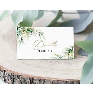 Wedding Place Cards Table, 50 Pack, 2 x 3.5 inch, Gold & Greenery Place Cards for Weddings, Premium Eucalyptus Wedding Name Place Cards for Table Setting, Easy Folding Matte Finish Placecards Wedding