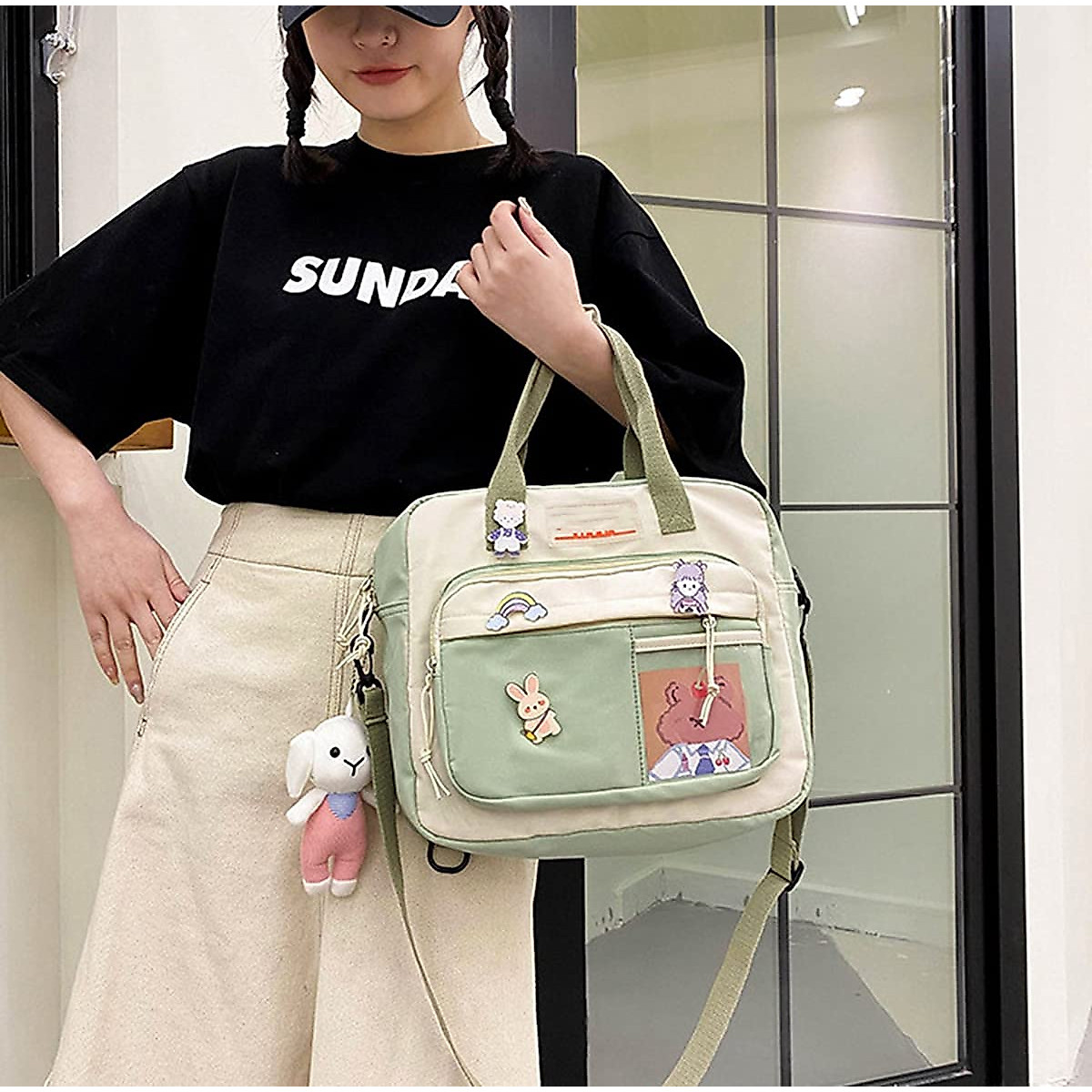 Treonca Kawaii Backpack with Kawaii Pin and Accessories Girl Cute Shoulder Tote Bag Laptop Schoolbag for Students Backpack for School (Green with pendant)