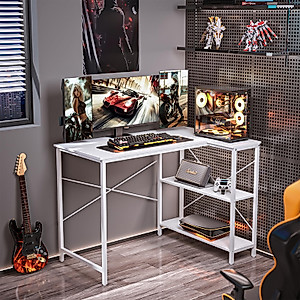 WASAGUN Small Computer Desk,35 Inch L Shaped Desk with Storage Shelves,Gaming Desk,Home Office Corner Reversible Pc Desk,Study Writing Table,White
