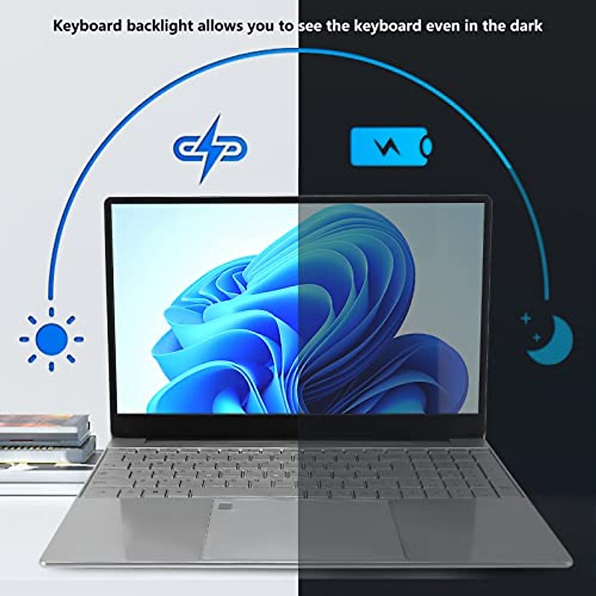 Jectse 15.6in Laptop, 12GB RAM 512GB ROM, Quad Core for Intel N5105 CPU Notebook Computer with Fingerprint Reader and Backlit Keypad, 2K HD IPS Screen, 7000mAh for Windows 10, Silver