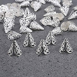 Artibetter 50pcs Metal Flower Filigree Bead Cones Jewelry End Caps Spacer Beads Jewelry Findings Charms for DIY Craft Bracelet Necklace Making 15x16mm (Silver)