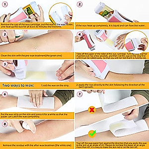 Roll on Wax Kit for Sensitive Skin, Hair Removal Waxing Kit for Women and Men for Legs, Arms, Back, Chest, Bikini Area with 2 Soft Wax Honey & Rose, 1 Wax Strips, 1 Wax Melt Warmer Machine, 1 Pre-wax