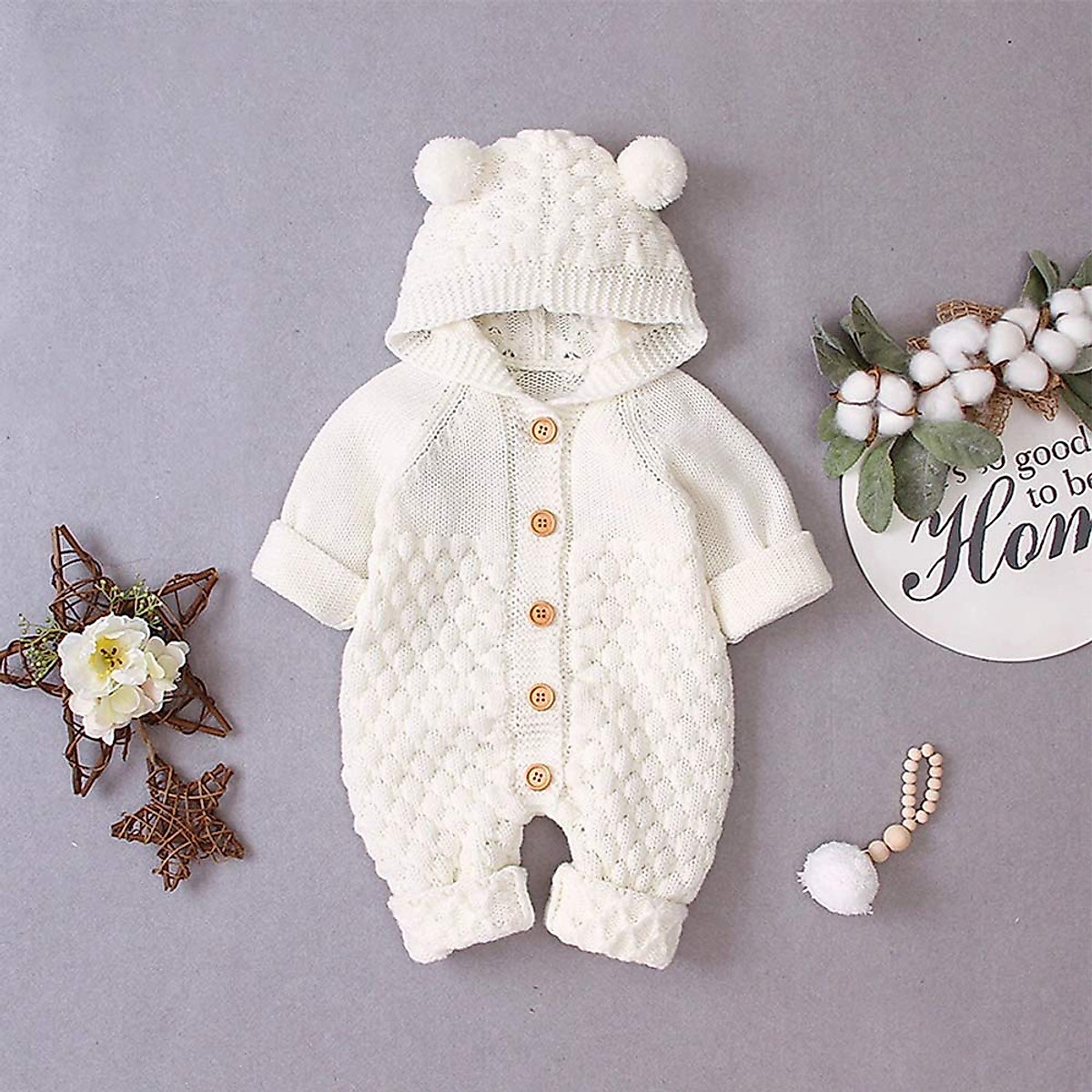 OBEEII Newborn Baby Girls Boys Romper Solid Ribbed Long Sleeve Jumpsuit One Piece Outfits Fall Winter Off White 0-6 Months
