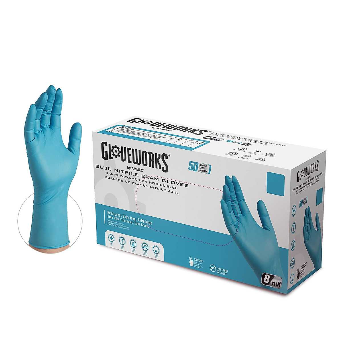 GLOVEPLUS HD Medical Blue NitrileGloves - 8 mil, 12 inches Long, Latex Free, Powder Free, Textured, Disposable, Non-Sterile, Medium,GPNHD64100-BX, Box of 50