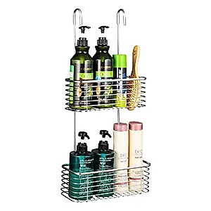 YQh Stainless steel double-layer shower rack, shower room hanging bathroom organizer, storage rack installed on the hanging bar or door, can store shampoo, hair conditioner, shower gel