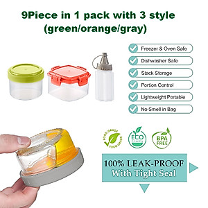 9 Pack Mini Plastic Sauce Squeeze Bottles Seasoning Boxes Salad Dressing Containers, Tiny Condiment Squeeze Bottles for Kids Lunch Box Accessories, 1-2 Ounce ( 3 style, orange/green/gray)