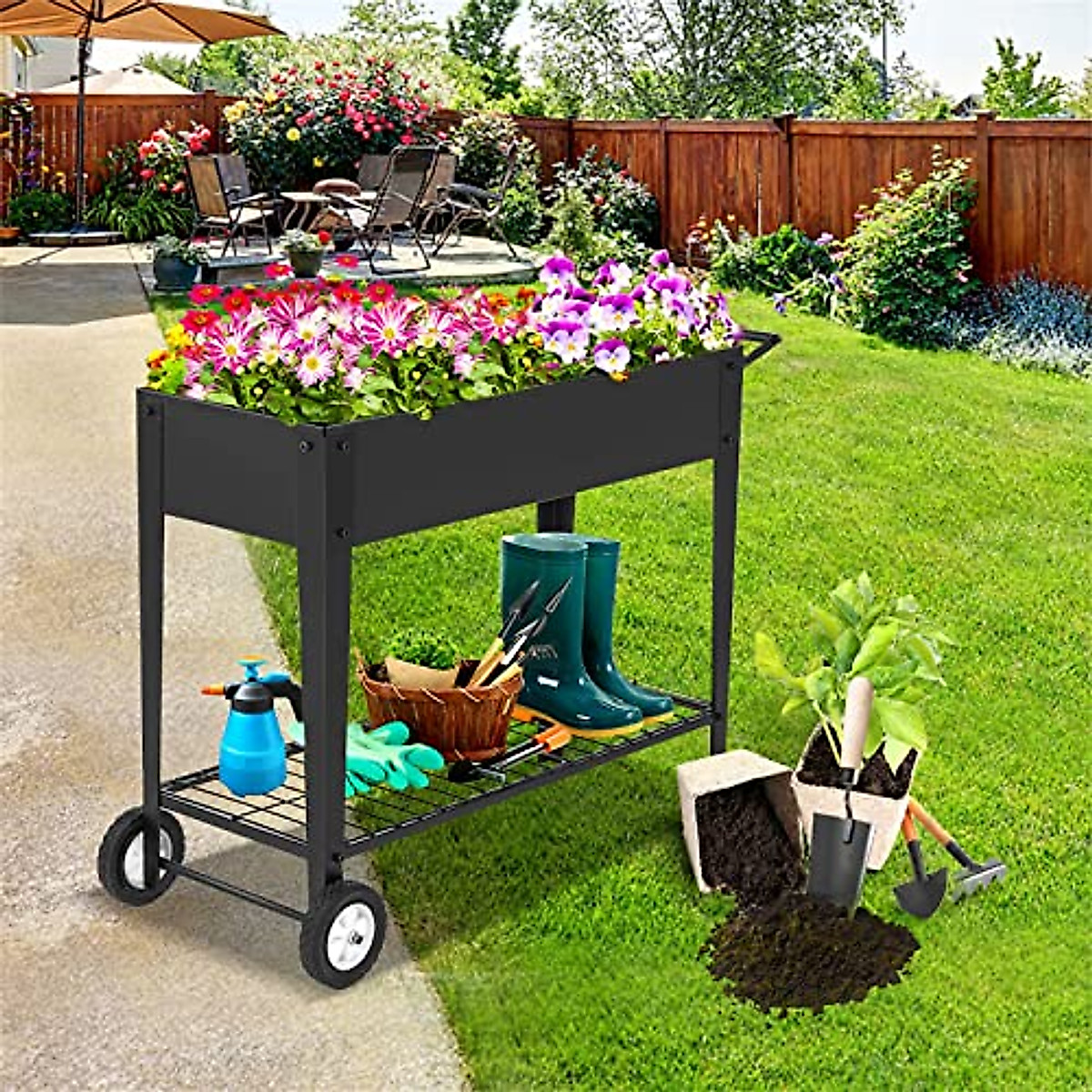GARFANS Raised Garden Bed, Metal Raised Planter Box Outdoor with Legs, 2 Wheels and Shelf, Elevated Garden Bed Box for Vegetable Indoor Herb Flower Backyard Patio, 40" L x 16" W x 31.5" H