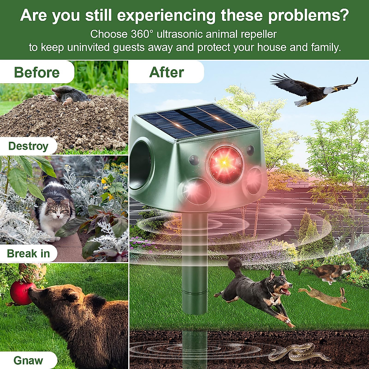 FRAMICS Solar Animal Repeller 360° Ultrasonic Animal Repellent Outdoor Solar Animal Repellent Cat Deterrent with Motion Sensor & LED Flashing Animal Repeller for Repelling Cat Squirrel Deer Raccoon