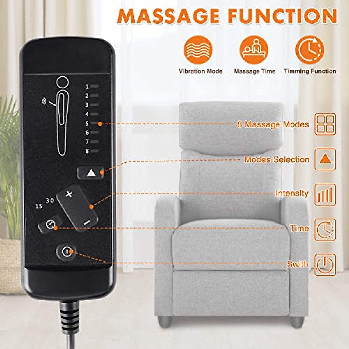 Recliner Chair for Living Room, Fabric Massage Recliner Chair Winback Single Sofa Home Theater Chairs Adjustable Modern Reclining Chair with Padded Seat Backrest for Adults (Grey)