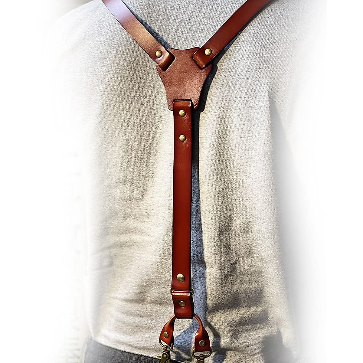 MUNION Genuine Leather Suspenders for Men Heavy Duty Y Design Adjustable with 4 Snap Hooks Vintage Mens Suspenders Braces Big and Tall Wedding & Party Essentials, Black, Black Suspenders for Men