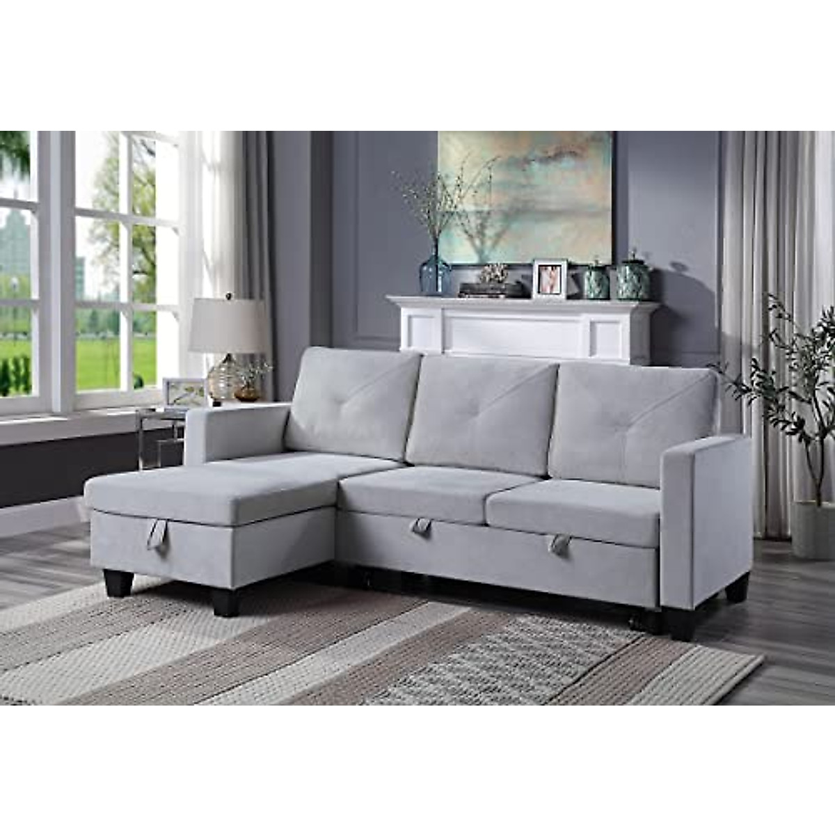 GLANZEND Velvet Convertible Sleeper, L-Shape 3 Seater Reversible Sectional Couch with Storage Chaise, Pull-Out Sofa Bed for Living Room, Small Apartment, Dorm, Light Gray, 60 Inch