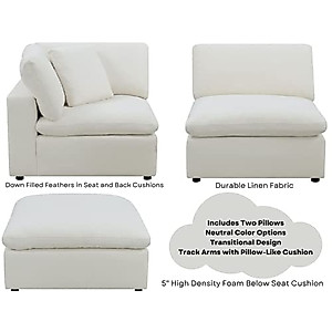 ASY Cloud Down Modular Sectional Sofa 121' L-Shaped Reversible Chaise Couch Feather - Low to Ground Modern Deep & Plush Seats (4-Piece (Corner Chair (2) + Armless (1) Ottoman (1), Natural), (CLD9)