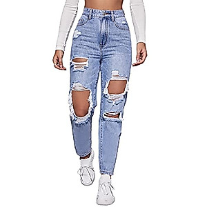 Floerns Women's High Waist Straight Leg Ripped Jeans Distressed Denim Pants Light Blue M
