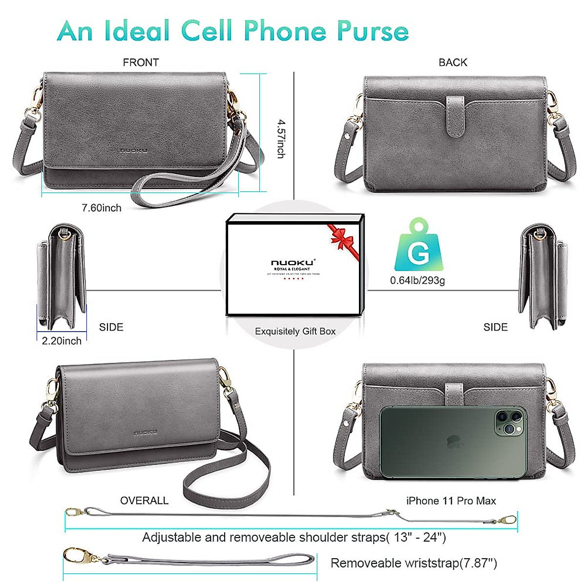 nuoku Women Small Crossbody Bag Cellphone Purse Wallet with RFID Card Slots 2 Straps Wristlet, M Size Gray