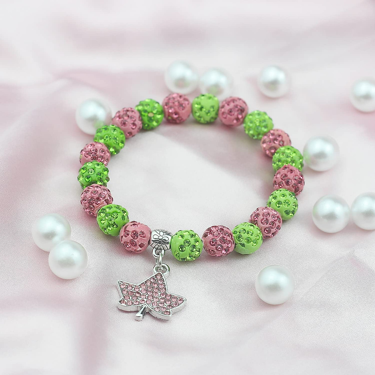 Sorority Gift for Women Greek Sorority Paraphernalia Bracelet Crystal Leaf Charm Bracelet Pink and Green Jewelry Sisterhood Gift (Leaf Bracelet)