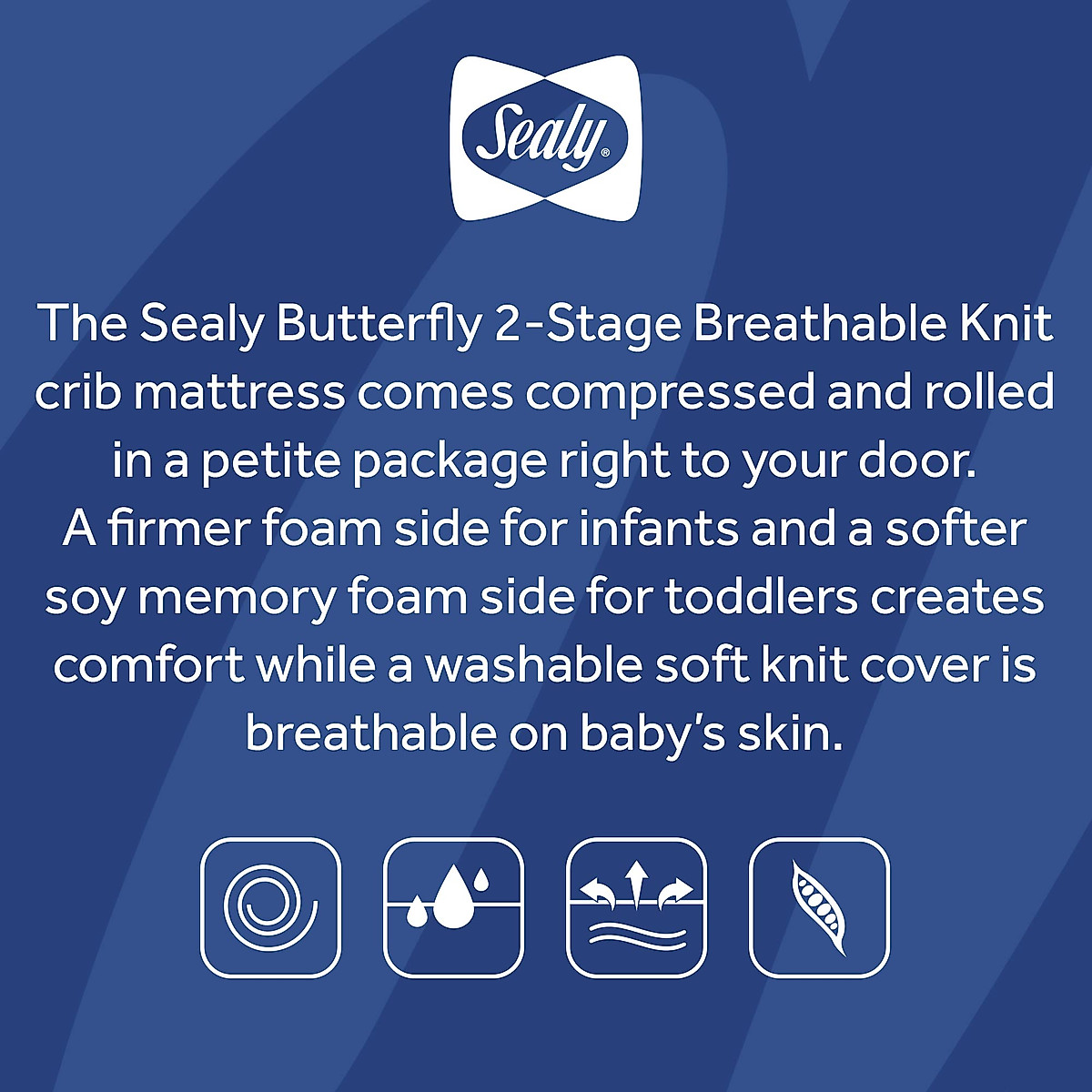 Sealy Baby Butterfly 2-Stage Breathable Waterproof Baby Crib Mattress & Toddler Bed Mattress, Washable Cover, Premium American Foam, GREENGUARD GOLD Certified for Safety, Made in USA, 52"x28"