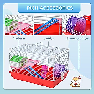 PawHut 18.5" Hamster Cage with Exercise Wheel and Water Bottle, Dish, Rat House and Habitat 2-Story Design, Red