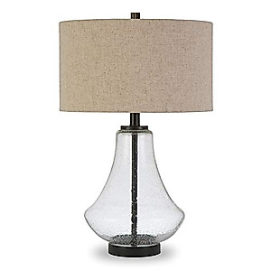 Lagos 23" Tall Table Lamp with Fabric Shade in Seeded Glass/Antique Bronze/Flax