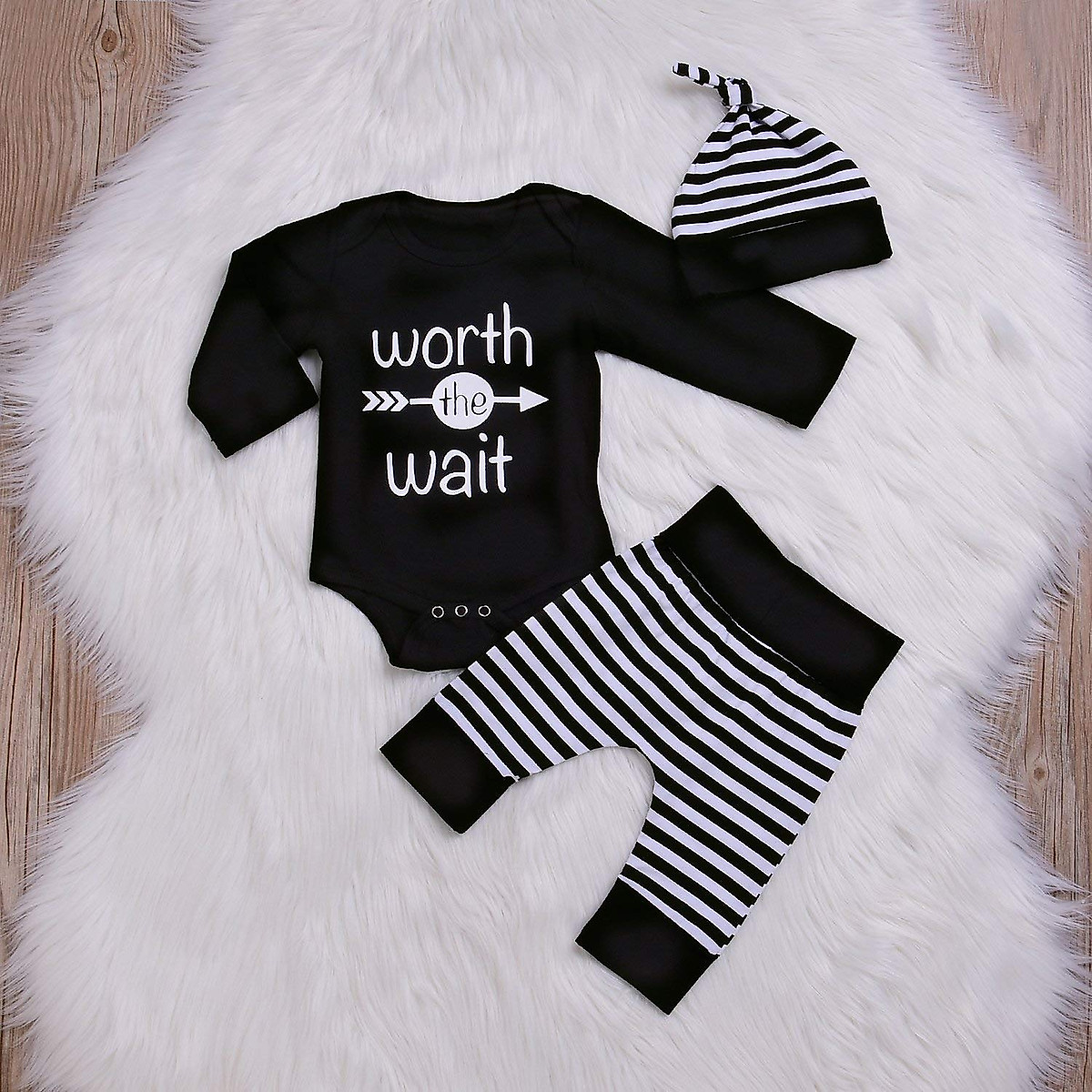 Besokuse Baby Unisex Worth the Wait Arrow Printed Romper Striped Pant Hat Outfit Clothes (Black, Newborn)