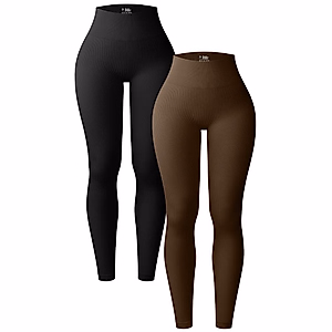 OQQ Women's 2 Piece Yoga Leggings Ribbed Seamless Workout High Waist Athletic Pants Black Coffee