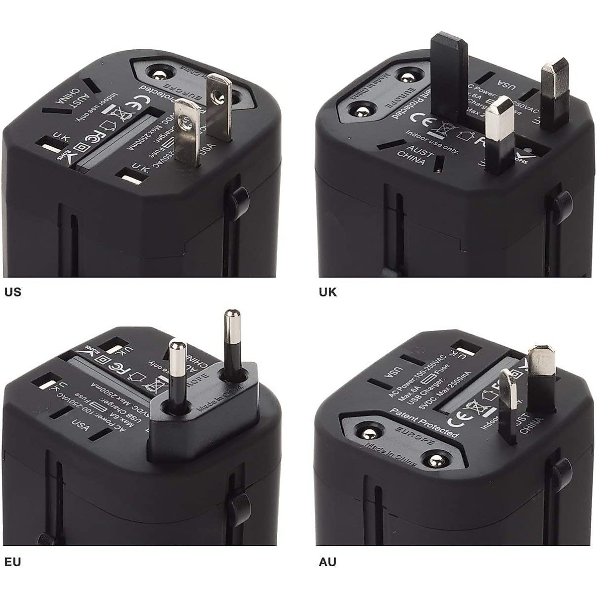 Worldwide 4 USB Travel Adapter AC Plug Adaptor Universal Travel Adapter Charging Ports Wall Charger AC Power with Safety Fused All in One Adapter for USA EU UK AUS Cell Phone Laptop (Black-4USB)