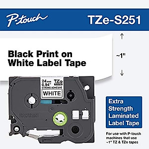 Brother Genuine P-touch TZE-S251 Tape, 1" (0.94") Wide Extra-Strength Adhesive Laminated Tape, Black on White, Laminated for Indoor or Outdoor Use, Water-Resistant, 0.94" x 26.2' (24mm x 8M), TZES251