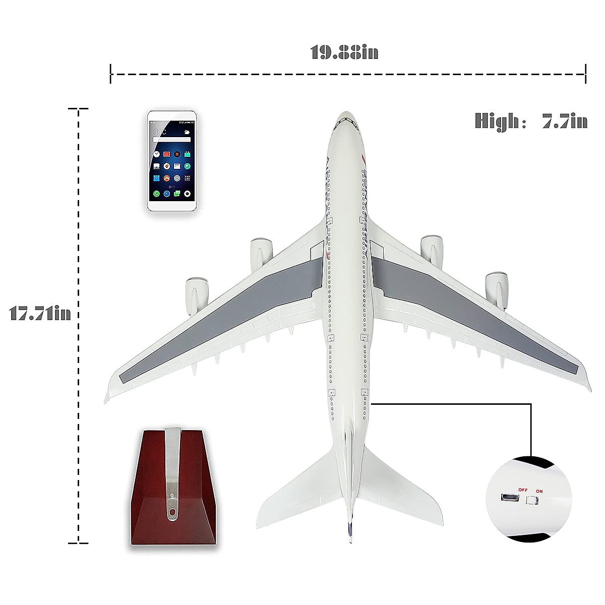 24-Hours 18" 1:160 Scale Hobby Airplane Model Air France Plane A380 Model Plane Diecast Airplane for Adults with LED Light(Touch or Sound Control) for Business Gift