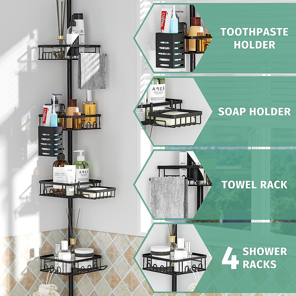ksdenuov Corner Shower Caddy Tension, Adjustable 34-101 Inches Shower Caddy Tension Pole, 4-Tier Rust-Resistant Freestanding Shower Caddy With Rod, Suitable for Bathtub and Shower Organizer - Black