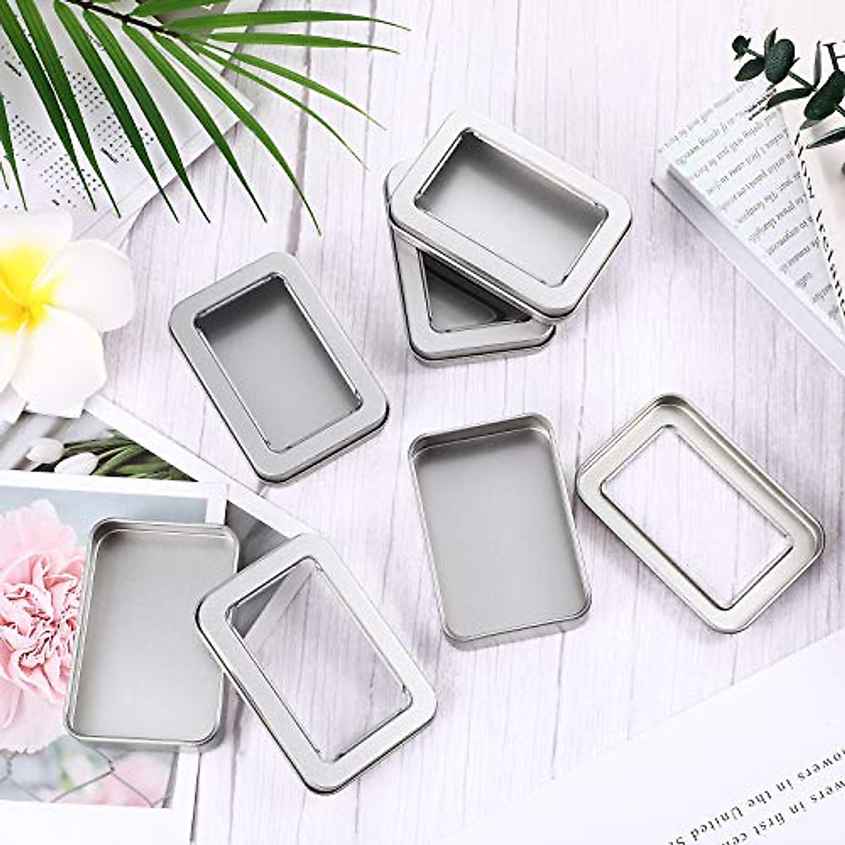 TecUnite Metal Tin Box Metal Tins With Lids Clear Top Tins Box Empty Storage Tins Case Rectangle Containers Can with Large Clear Window for Candles, Candies, Gifts, Balms and Treasures, Silver(48 Pieces)