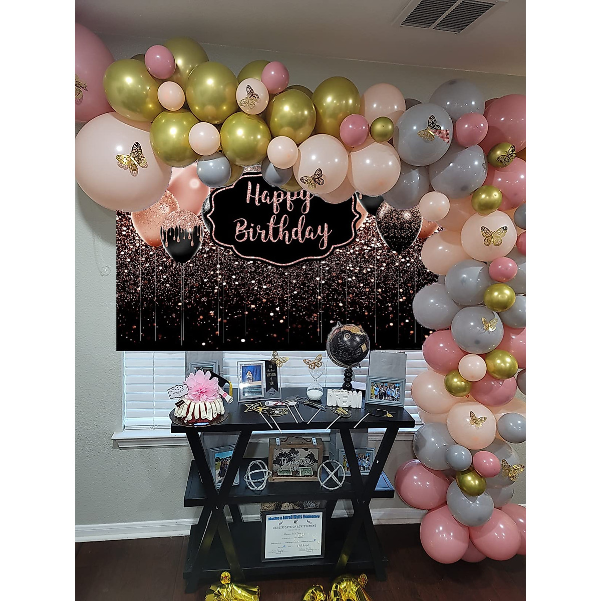 Pink Rose Gold Birthday Backdrop for Women Girls 18th 20th 30th 40th 50th 60th 70th Happy Birthday Background Black and Pink Glitter Balloon Birthday Party Photo Backdrop Banner 8x6ft