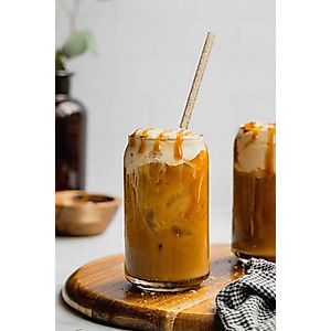 16 oz Glass Cups With Bamboo Lids And Glass Straw And Brush to clean -Beer Can Shaped Drinking Glasses, Iced Coffee Glasses, Cute Tumbler Cup for Smoothie, Boba Tea, Whiskey, Water