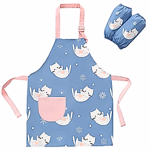 FUSOTO Cat Kids Aprons for Boys Girls, Arts and Crafts for Kids, Kids Kitchen Cooking Waterproof Apron for Ages 6-12, Kids Artist Painting Apron with Pockets