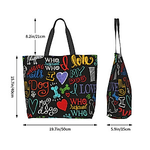 Animal Novelty I Love My Dog Reusable Tote Bag Women Large Casual Handbag Shoulder Bags for Shopping Groceries Travel Outdoors