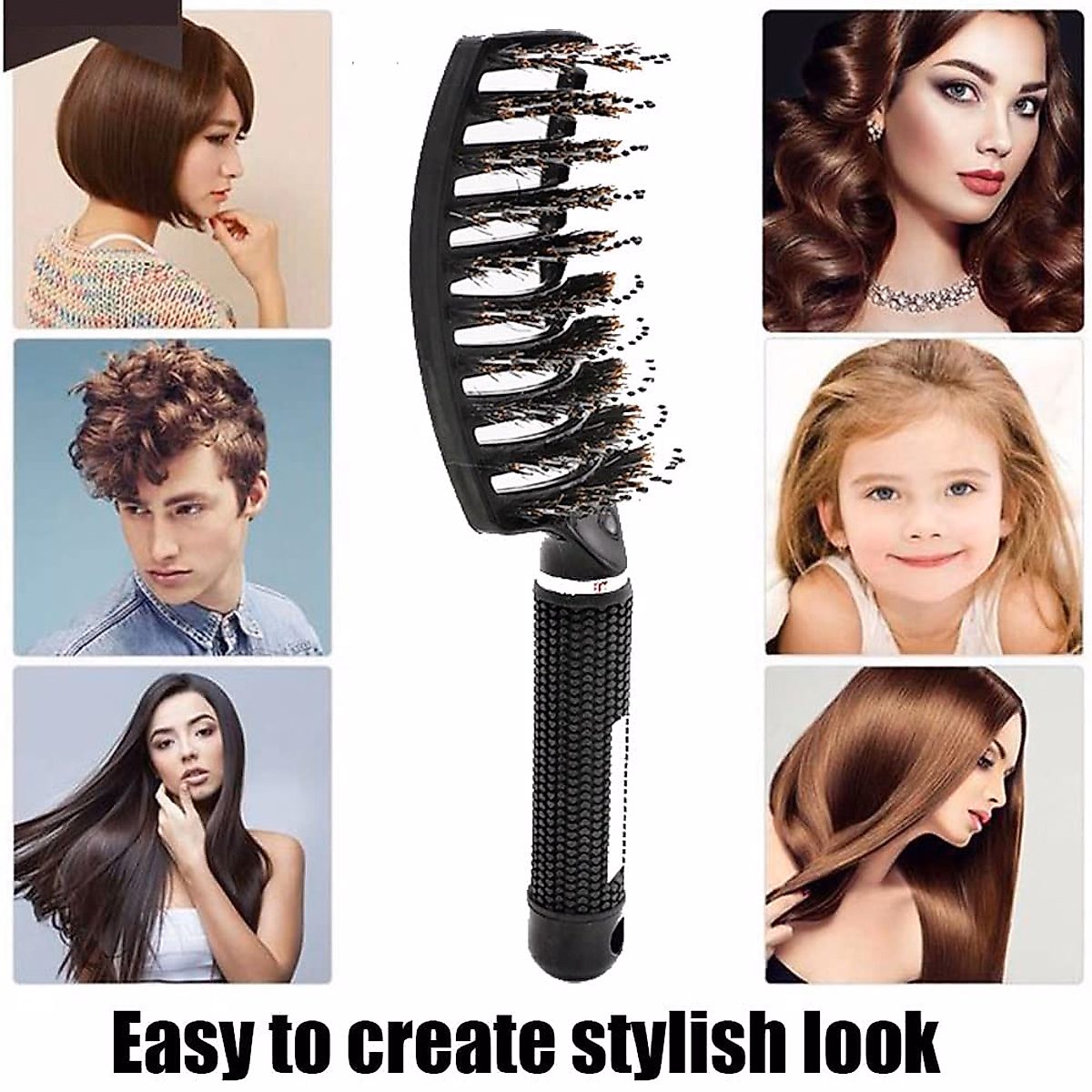 Boar Bristle Detangler Vent Brush Curved Vented Paddle Brush for Blow Drying, Anti-frizz Detangling Brush Styling Hairbrush Comb for Curly Fine Wavy Natural Tangled Hair, Wet or Dry Use