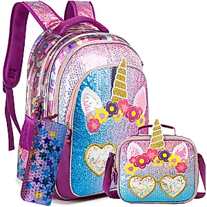 Unicorn Backpack for Girls 16" Backpacks for Girls for School Sequin Backpack with Lunch Box for Elementary Girls Students