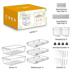 WAKISA Clear Bathroom Organizers 3 Tier, Pull Out Organizer and Storage with 2 Cups, Slide Out Drawer Storage Container with 6 Dividers, Multi-Purpose Bathroom Organizer, Kitchen Under Sink Organizer