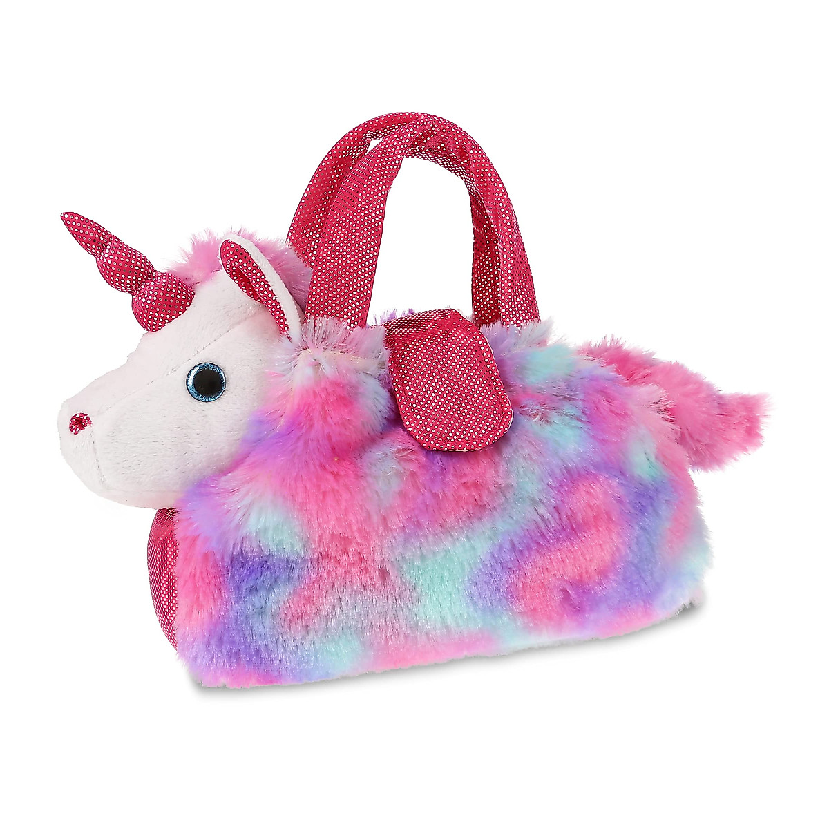 DolliBu Cotton Candy Pink Unicorn Plush Toy Pet Carrier - Cute Unicorn Stuffed Animal Pet Purse for Girls, Removable Sparkly White Unicorn Plush Toy in Fluffy Pink Handbag for Dress Up, Pretend Play