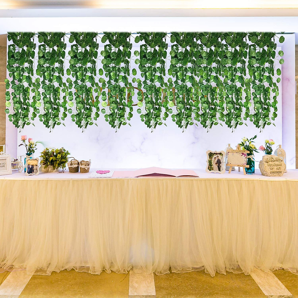 Guagb 12 Strands Artificial Vines - Fake Ivy Silk Leaves - Faux Green Garland Hanging Vine for Room Wall Kitchen Office Garden Home Wedding Party Decor