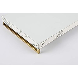 WV Coffee Table Serving Tray Faux Leather White Marble Finish with Brushed Gold Stainless Steel Handle for Living Room (White)