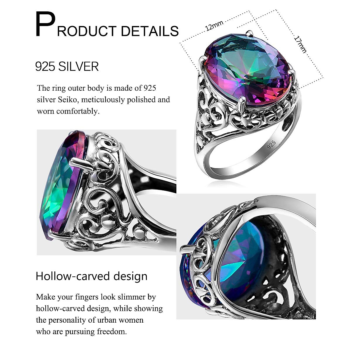 SzjinAo Women Sterling Silver 6ct Round Mystic Fire Rainbow Topaz Stone Vintage Design Engagement Jewelry Valentine's Day New Year Ring (7-)