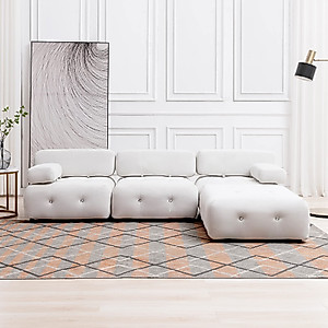 Mjkone Modular Sectional Sofa with Reversible Chaise, Velvet L Shaped Cloud Couch with Reversible Ottoman, 4 Seater Couch Button Tufted Designed Cloud Sofa, DIY Combination Sofa for Living Room,Beige